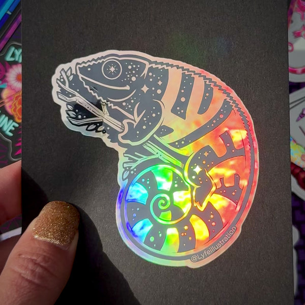 Holographic Galaxy Chameleon Sticker - Lyfe Illustration